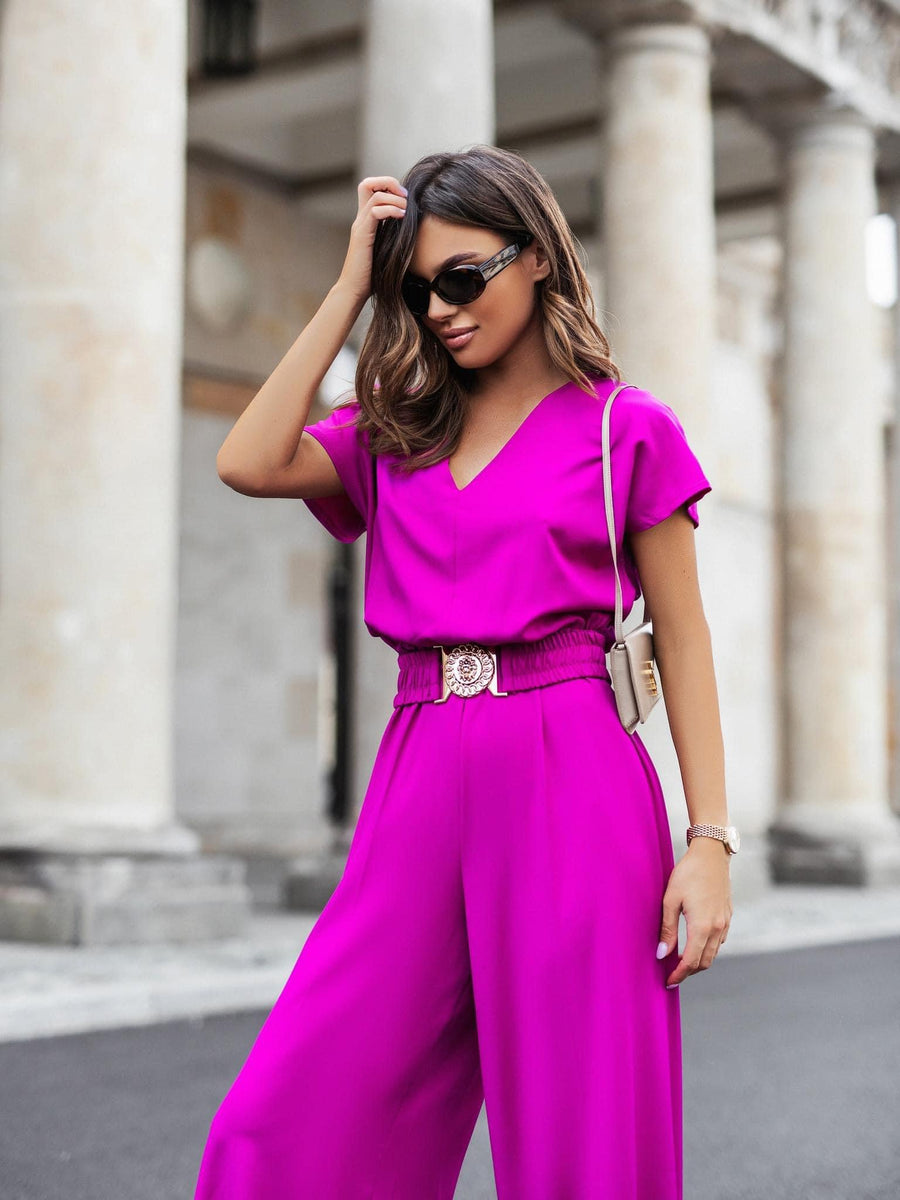 Short Sleeve Jumpsuit Belt Stretchy Waist Band Wide Pant – Vivi-Lu European Fashion Boutique Chicago